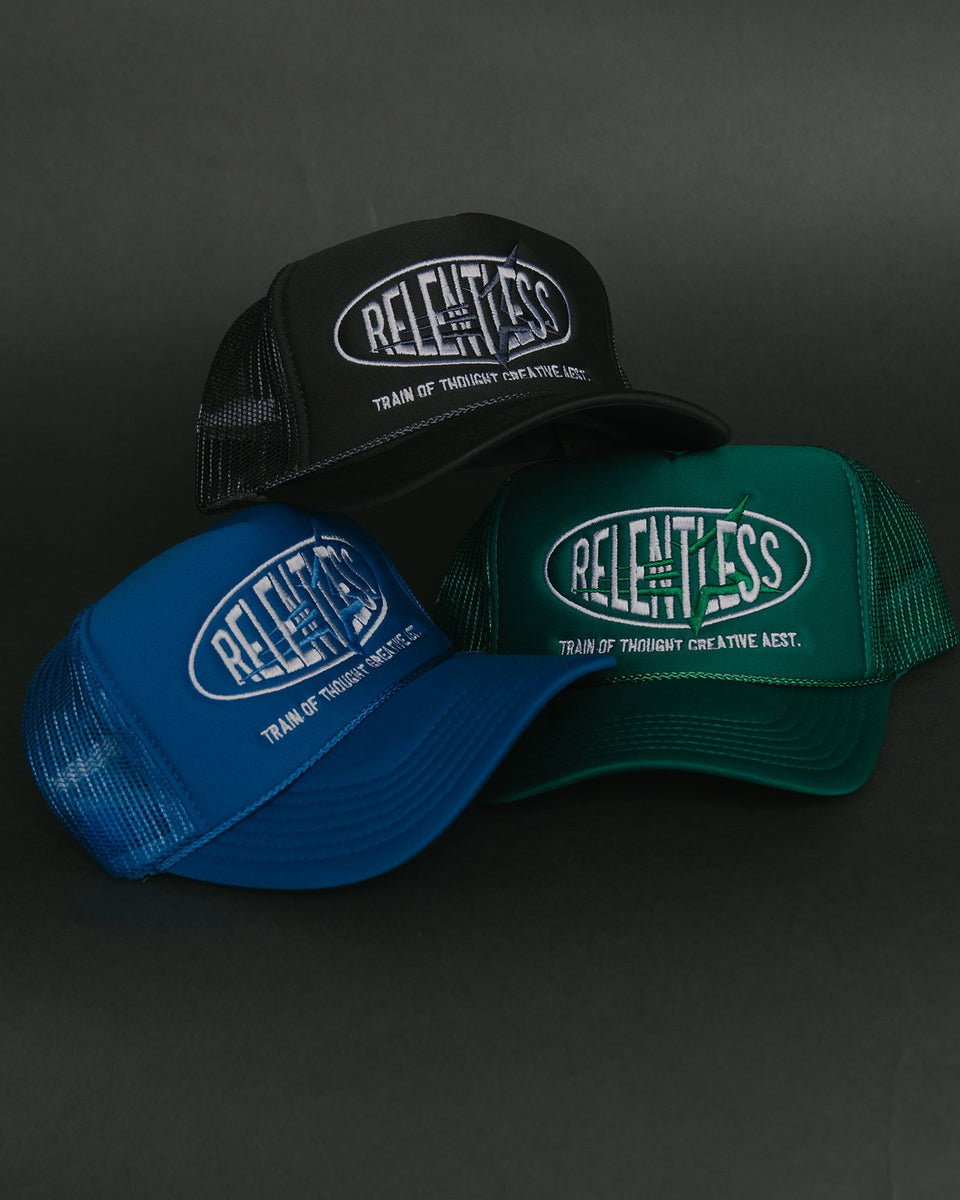 Relentless Turquoise 5 Panel Trucker Hat – trainofthoughtcollective